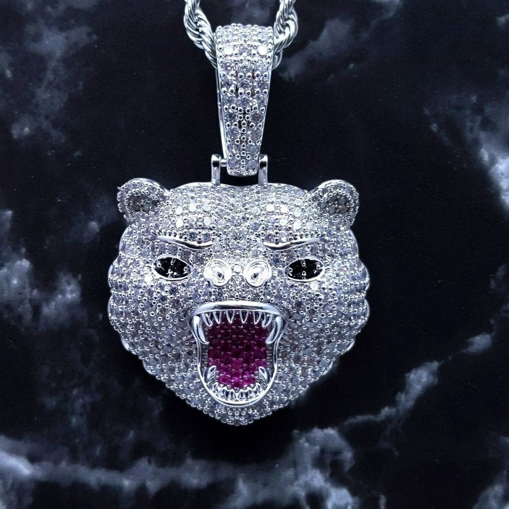 24"Rope Chain + Silver Finish Icy Bear Pendant - Gem
